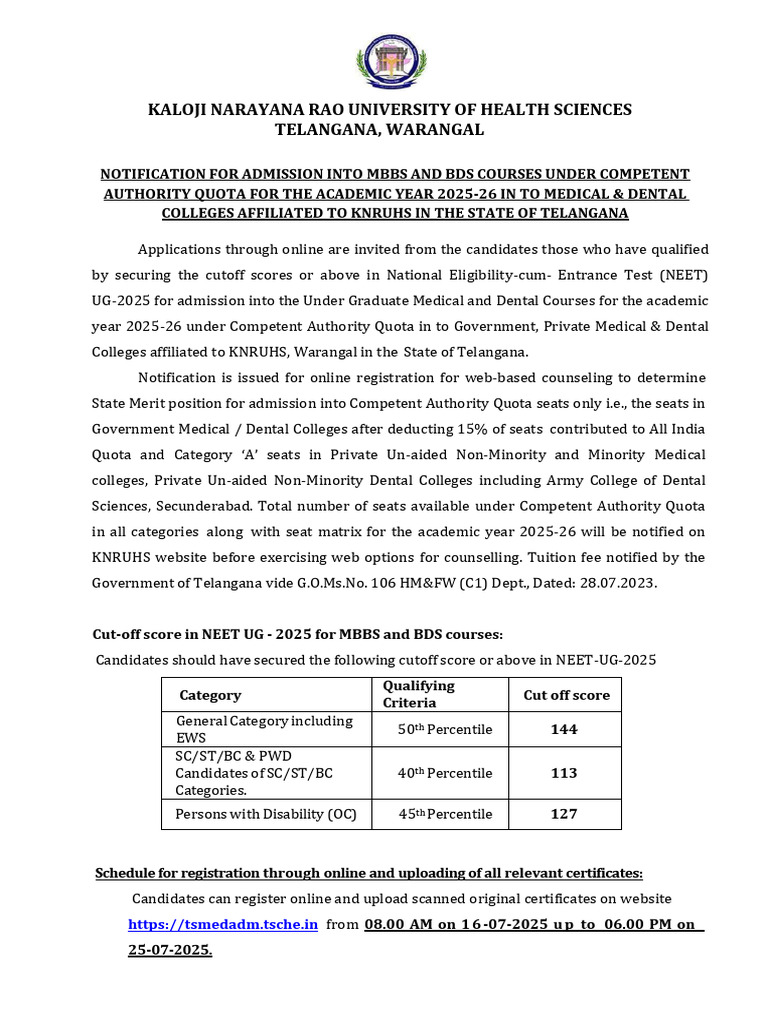 Telangana MBBS BDS Registration Open | PDF