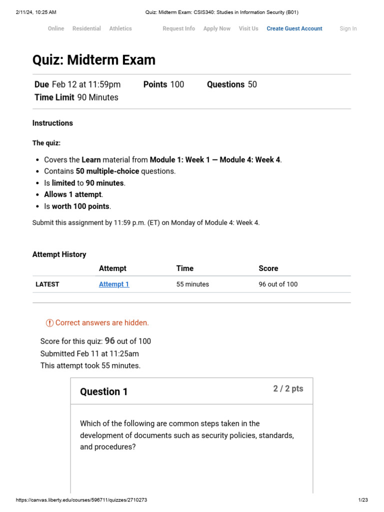 Quiz Midterm Exam CSIS340 Studies in Information Security B01 PDF | PDF | Information Security ...