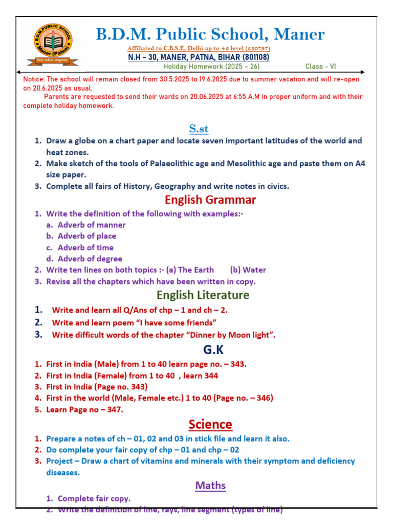 Class VI Holiday Homework 2025-26 | PDF