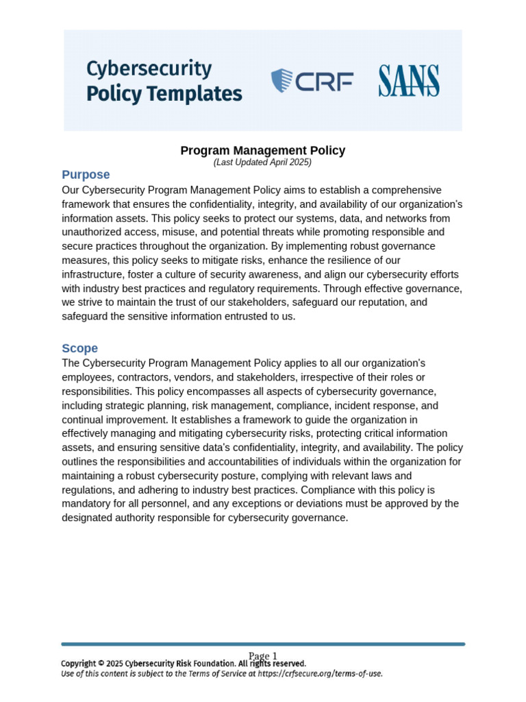 SANS Program Management Policy April2025 | PDF | Computer Security ...