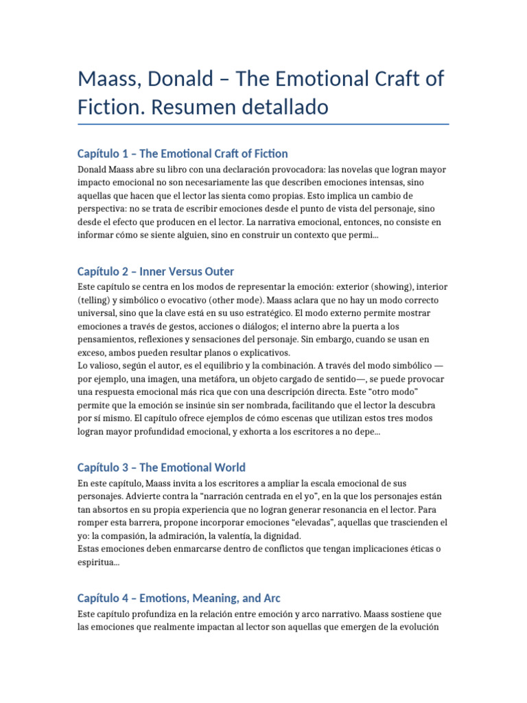 Maass, Donald - The Emotional Craft of Fiction. Resumen Detallado | PDF | Las emociones | Sicología