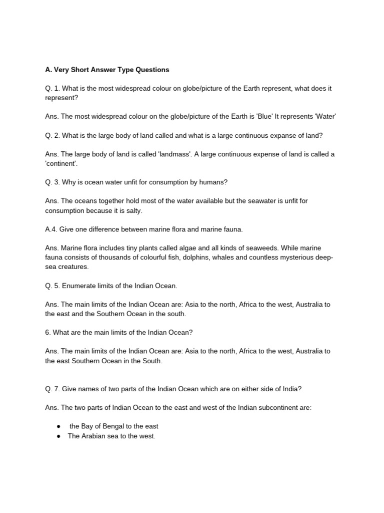 SST Class 6 (Ch-2) Extra Questions | PDF | Oceans | Continent