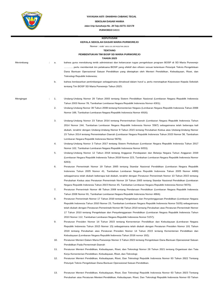 (Panduanmengajar - Com) - Contoh SK Tim BOS Sekolah 2025 | PDF