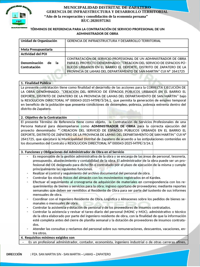 TDR - Administrador de Obra | PDF | Pagos | Economias