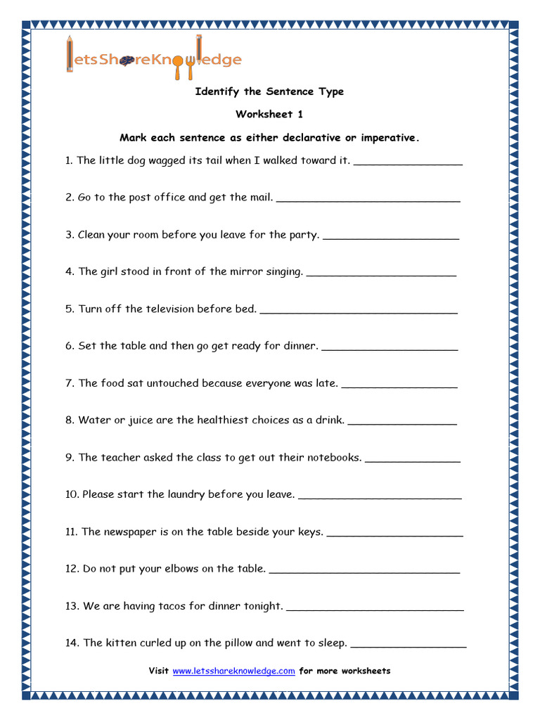 Types of Sentences Worksheet Grade 4 | PDF