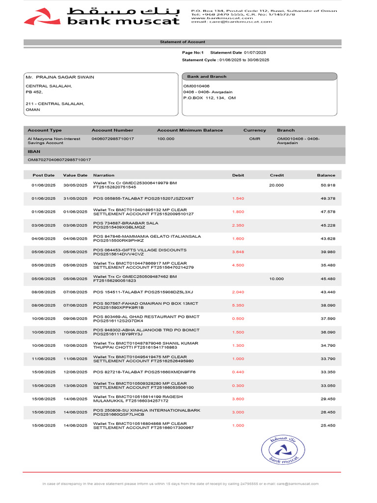 Bank Muscat Al Mazyona Account Statement | PDF | Banking | Trade