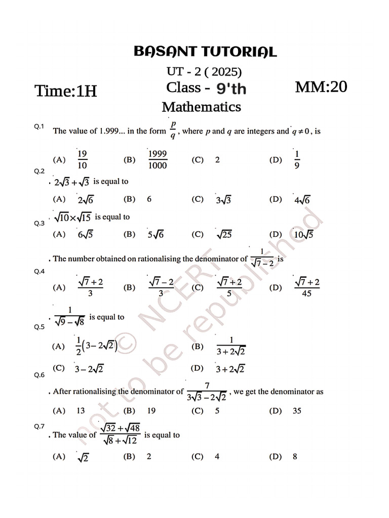 Class-9 Math (MCQ) Paper 2025 UT - 2 | PDF