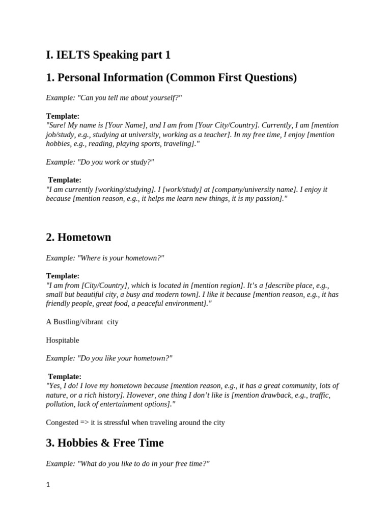 Templates For Speaking Part 1 and 3 | PDF | Educational Technology ...