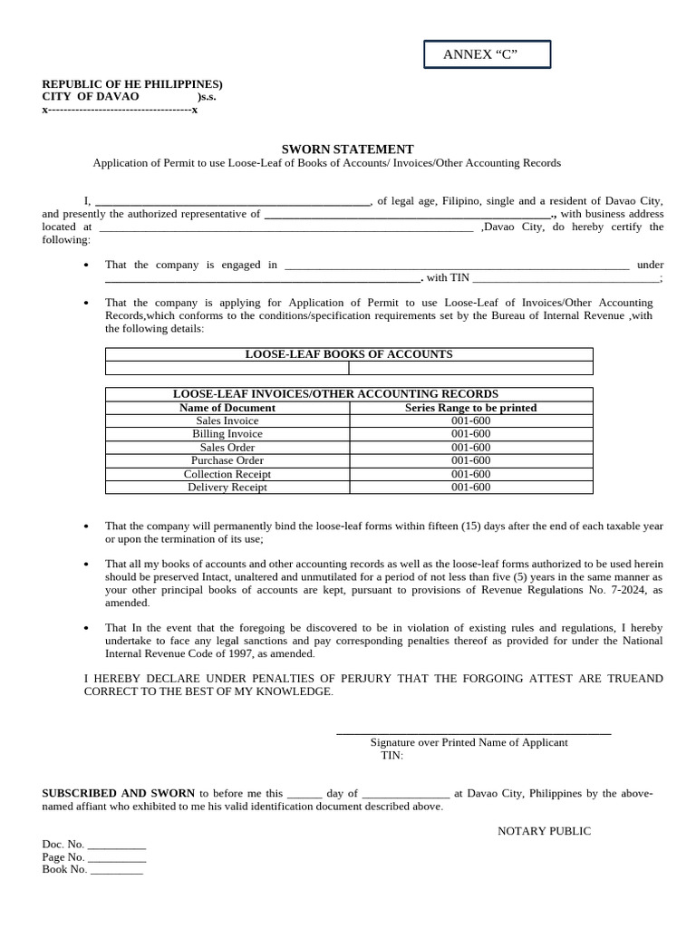 Sample Sworn Statement Loose-Leaf Books of Accounts and Invoices | PDF ...