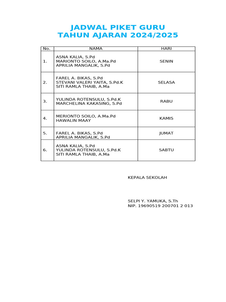 Jadwal Piket Guru 2024/2025 | PDF