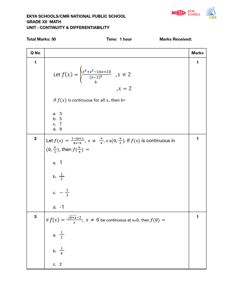 Grade XII Math: Continuity & Differentiability | PDF | Mathematical ...
