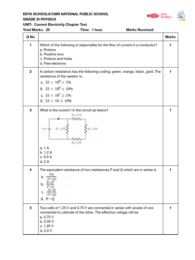 GR XII Phy Current Electricity Chapter Test | PDF | Electric Current ...