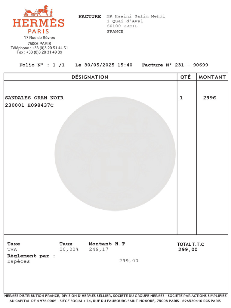 Facture Sandales Oran Hermès 299€ | PDF
