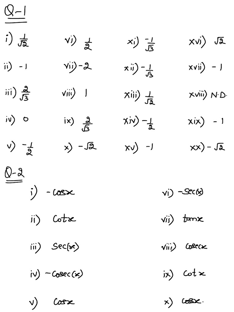 Trigonometry FS Assignment Answer Key | PDF