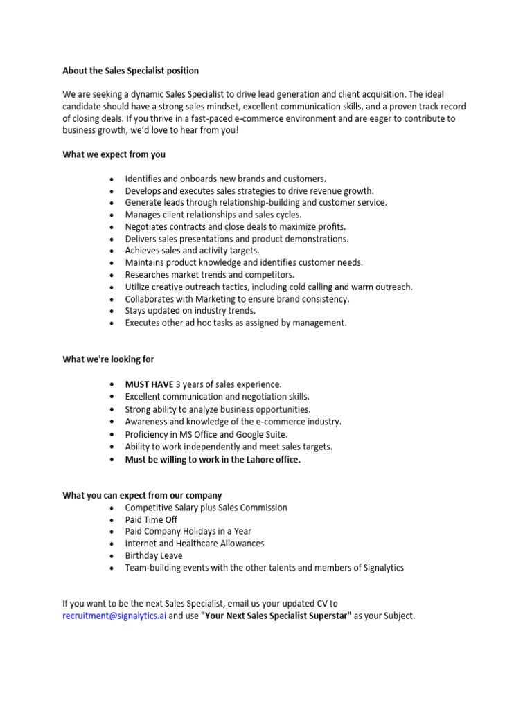 Sales Specialist Position Overview | PDF