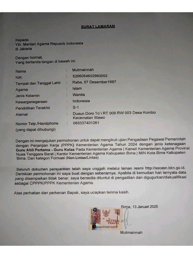 Surat Lamaran Mutmainnah | PDF