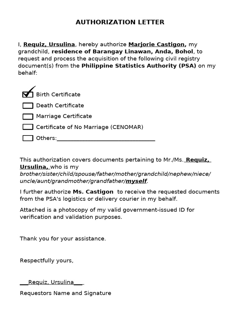 Psa Document Authorization Letter | PDF