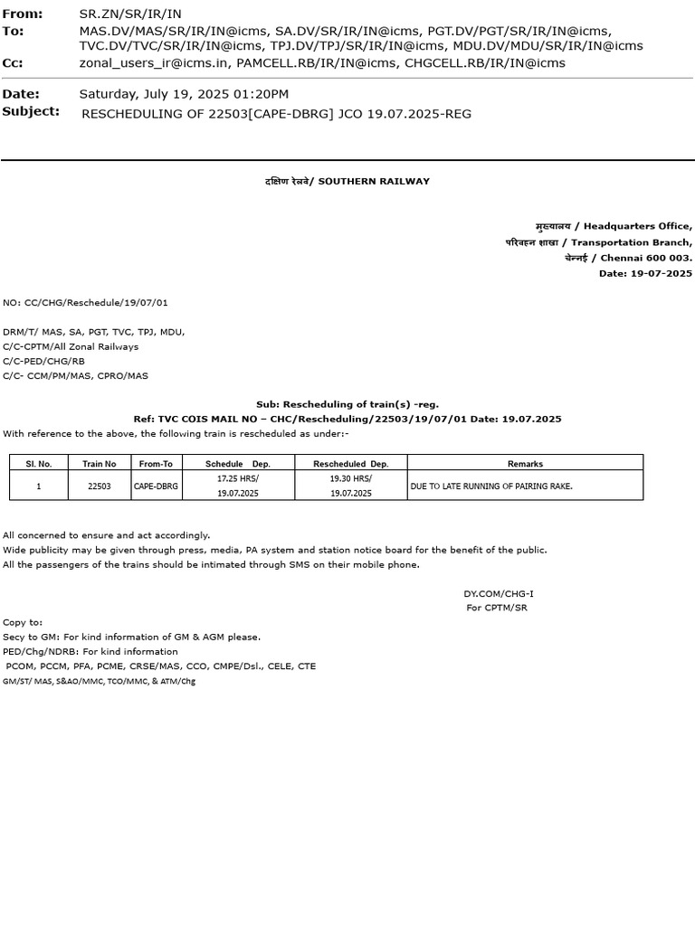 Rescheduling Notice for Train 22503 | PDF