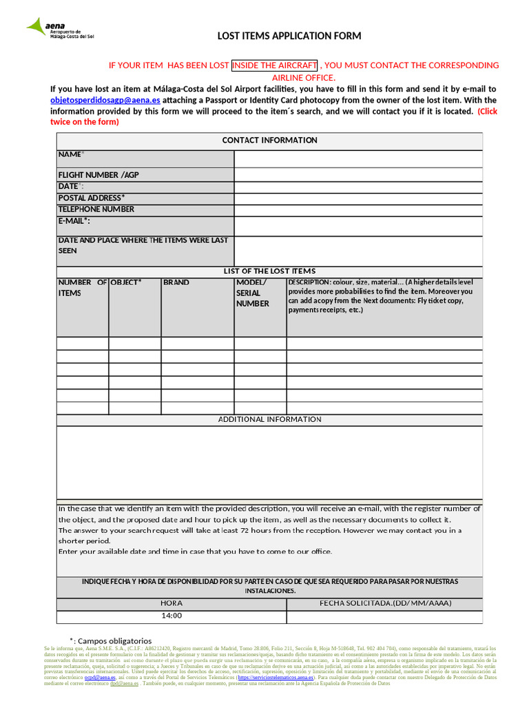 Formulario Reclamacion Objetos Perdidos en | PDF | Information Privacy | Data