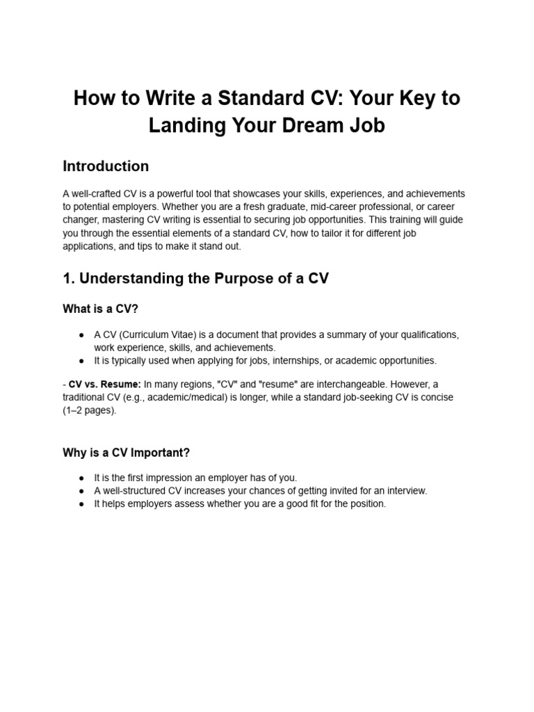 How To Write A Standard CV - Your Key To Landing Your Dream Job | PDF ...