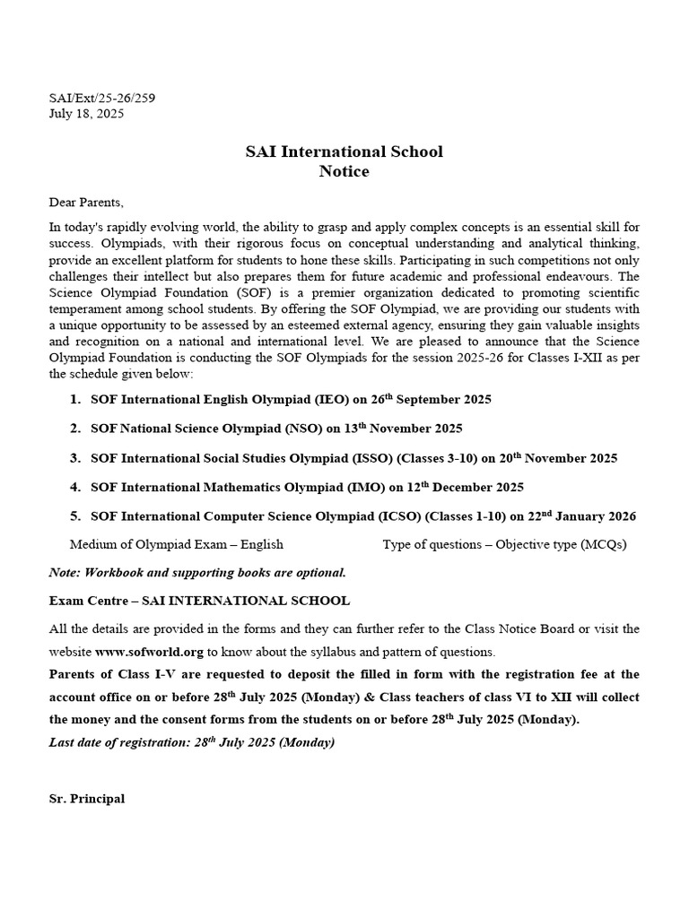 Science Olympiad Foundation 2025 (SOF) Class I To XII Exam Schedule Notice | PDF