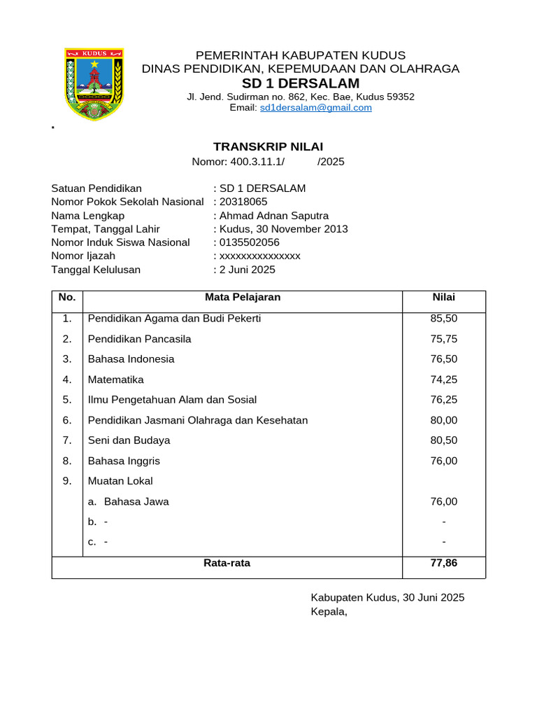 Transkrip Nilai SD 1 Dersalam 2025 | PDF