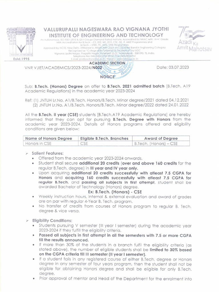 Notice BTech Honours | PDF