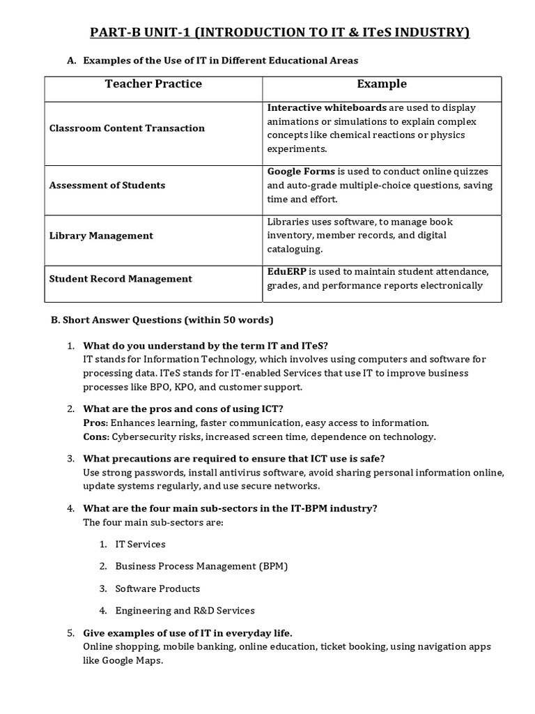 Part-B Unit-1 Introduction To It and Ites Industry | PDF | Educational ...