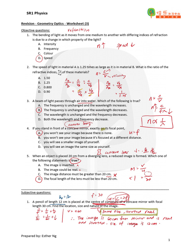 Geometry Optics - Worksheet (3) ANSWER | PDF | Optics | Light