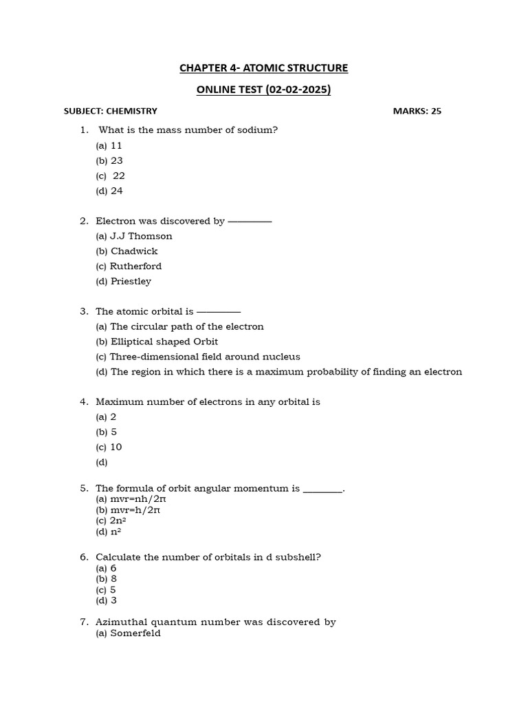 Grade 9 Chemistry Online Test (02-02-2025) | PDF | Atoms | Atomic Orbital