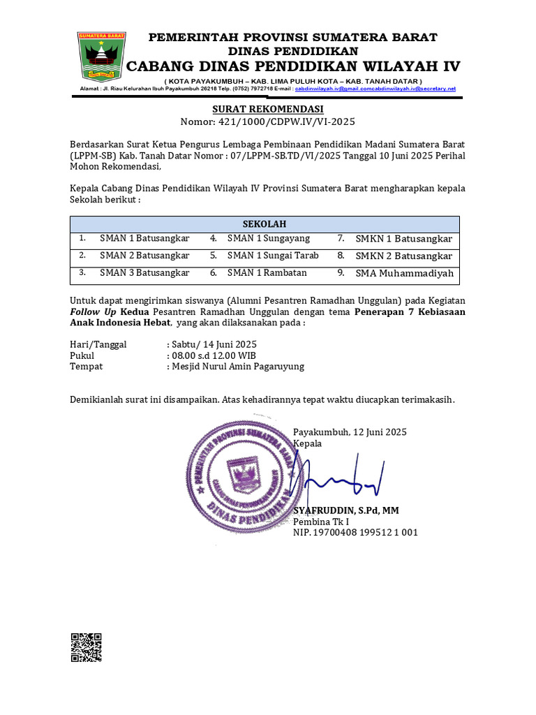 Surat Rekomendasi Followup Pesantren Ramadhan | PDF