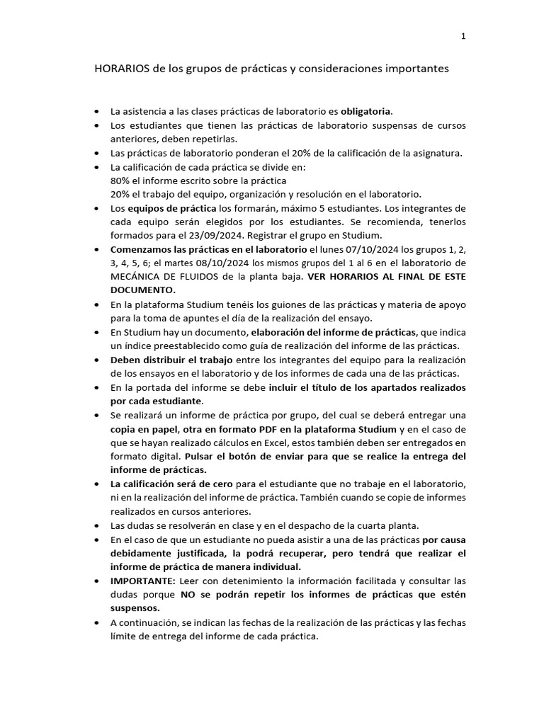 Horarios y Requisitos de Prácticas 2024 | PDF