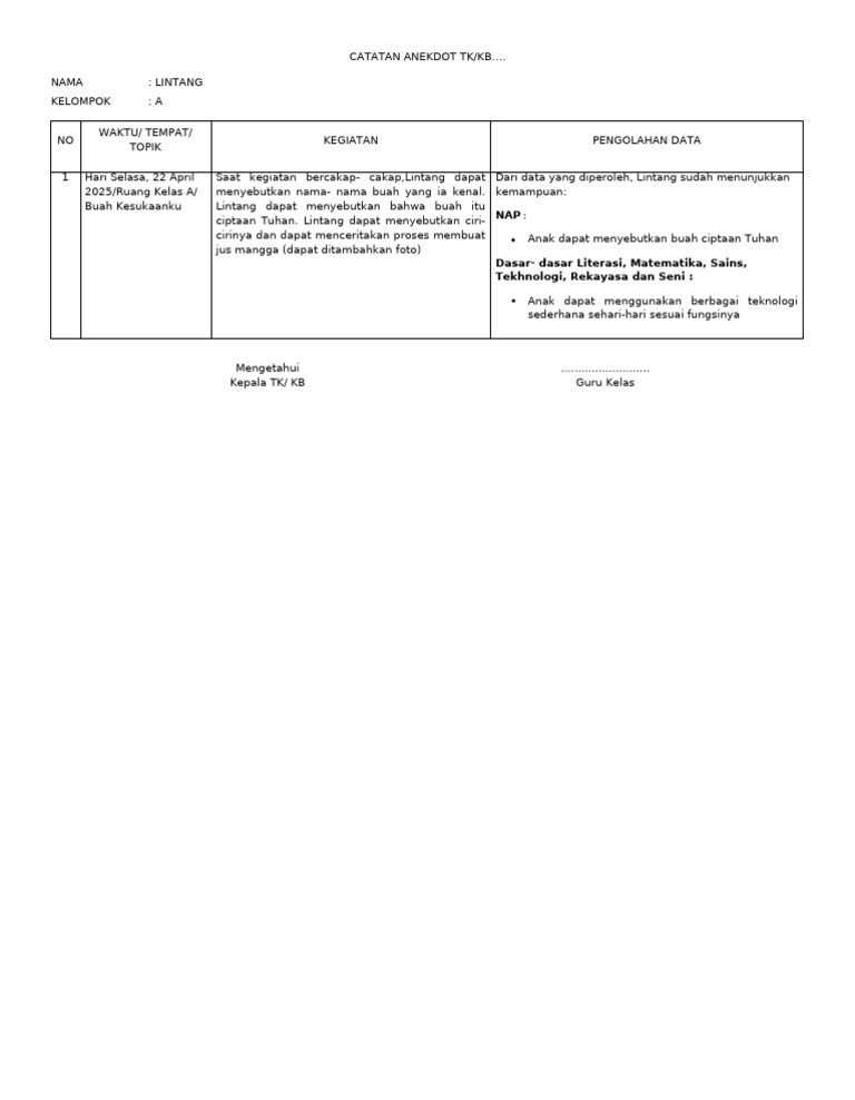 Contoh Asesmen Catatan Anekdot | PDF