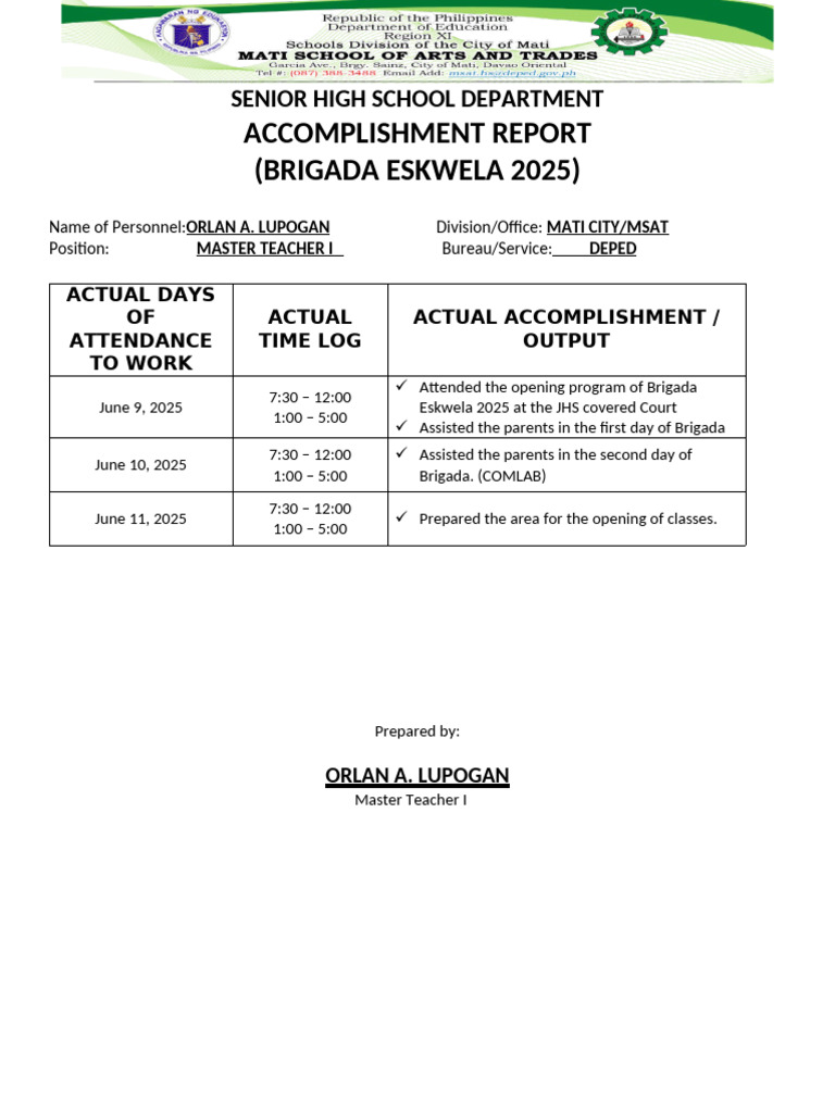 Accomplishment Report DTR Moana | PDF