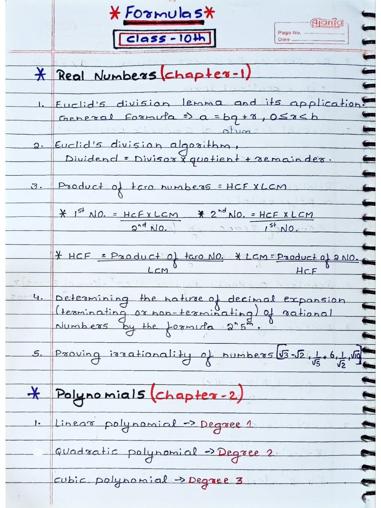 Class 10th Maths All Formula | PDF