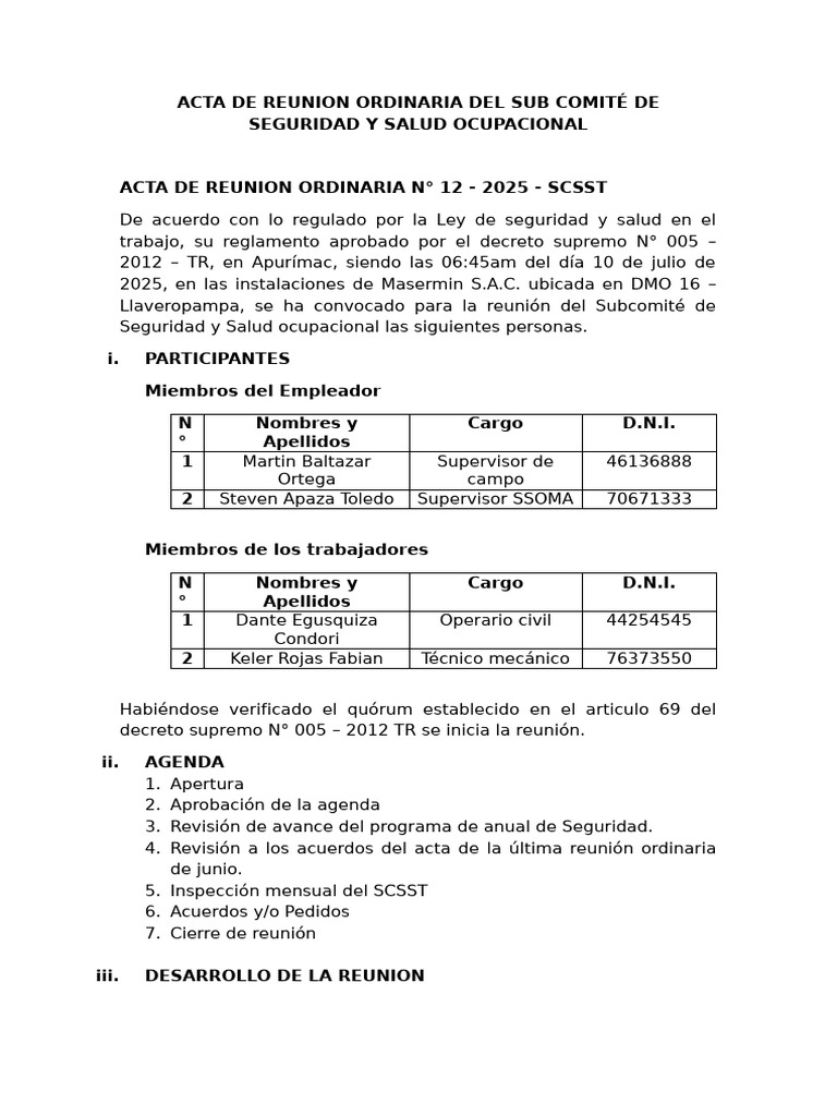 Acta de Reunion Ordinaria SCSST - Julio-2025 | PDF | Las condiciones de trabajo | Sector ...