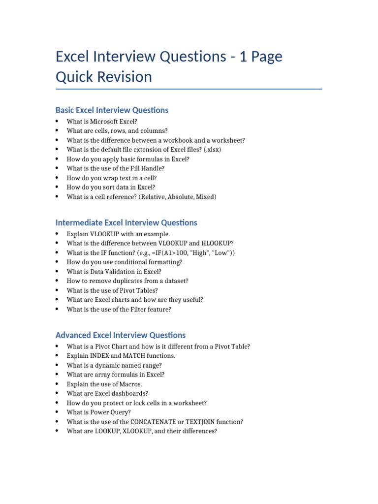 Excel Interview Questions Quick Revision | PDF