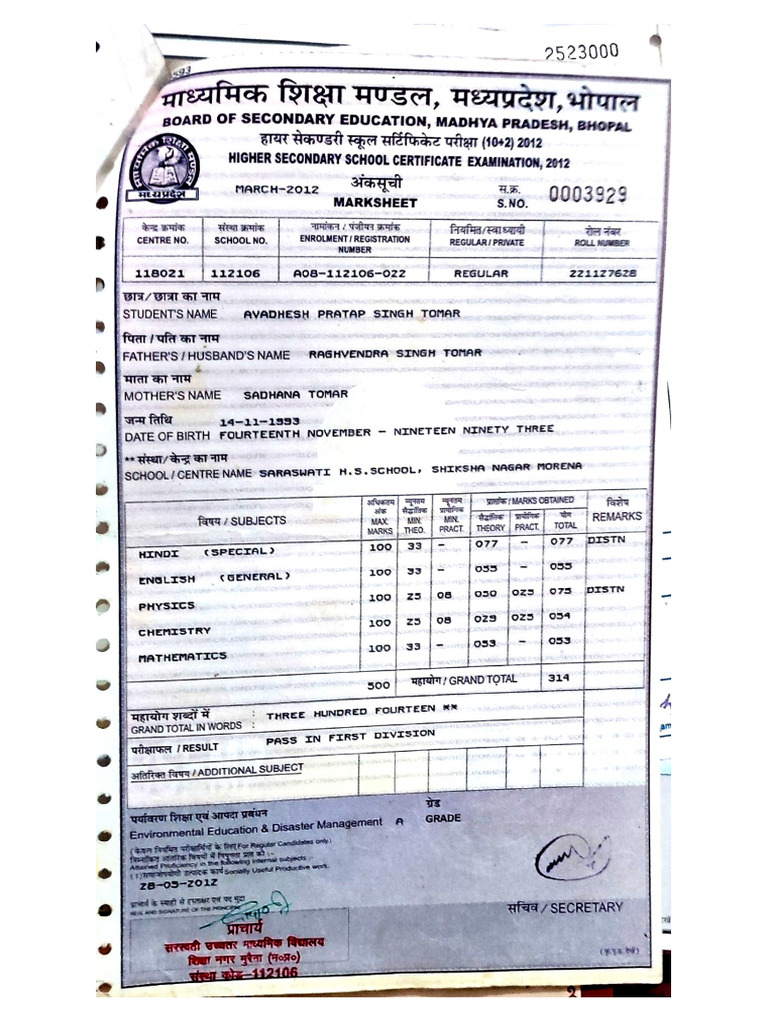 12th Marksheet | PDF