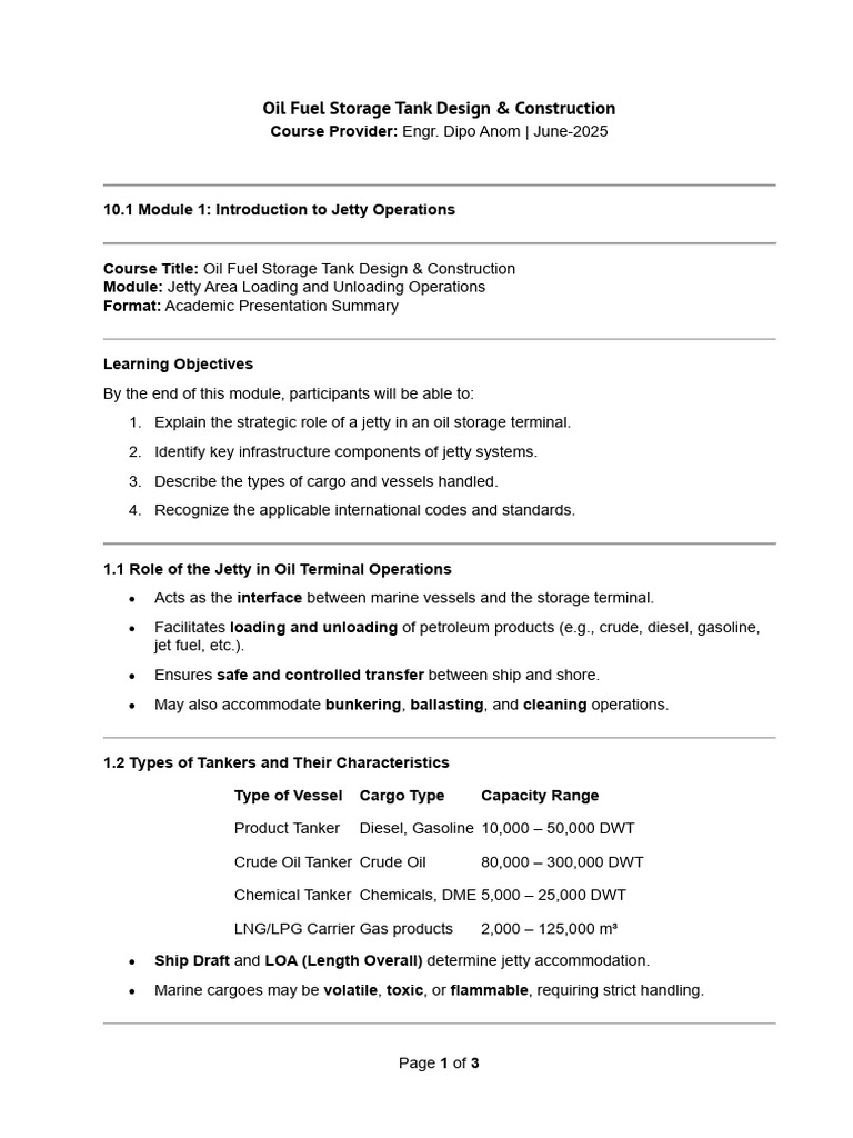 10.1 Module 1 - Introduction To Jetty Operations | PDF | Oil Tanker | Fuels