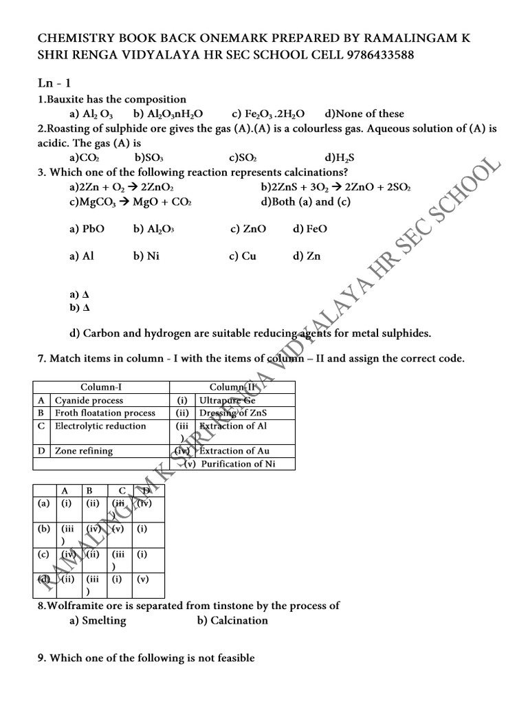 12th Chemistry Volume 1 Book Back 1 Mark Question English Medium PDF ...