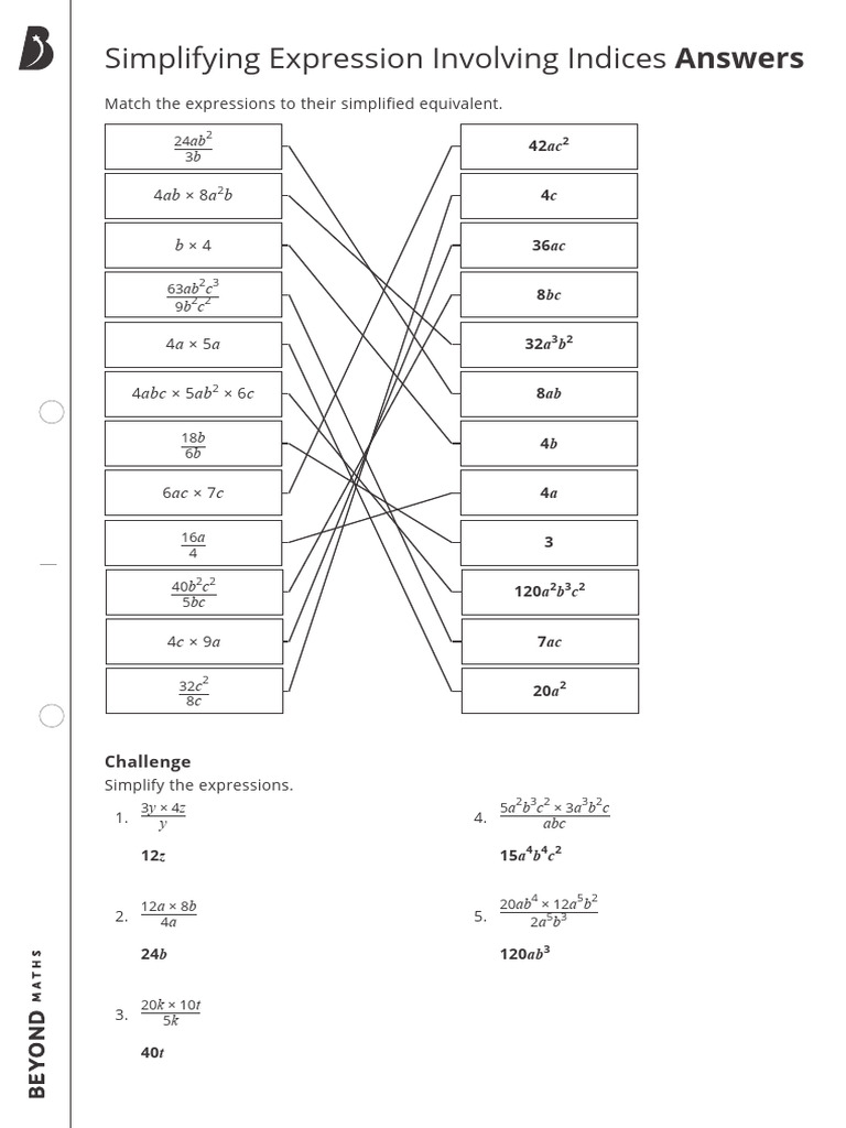 Simplifying Expressions Involving Indices - Answers | PDF