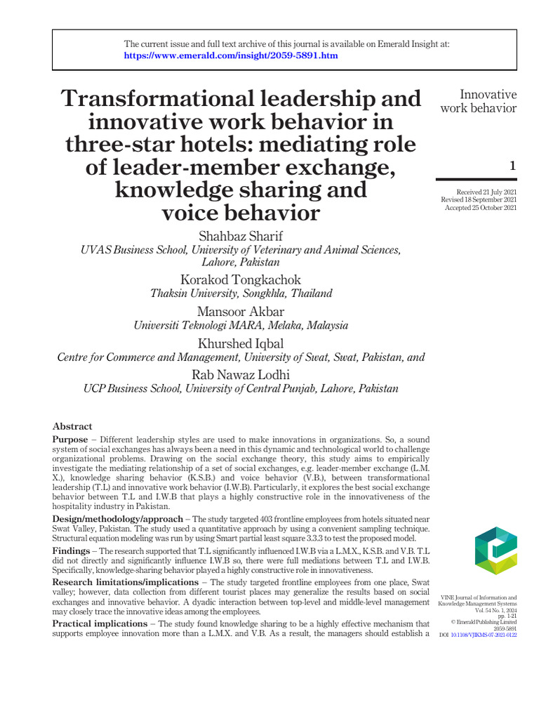 Transformational Leadership and Innovative Work Behavior in Three-Star Hotels Mediating Role of ...