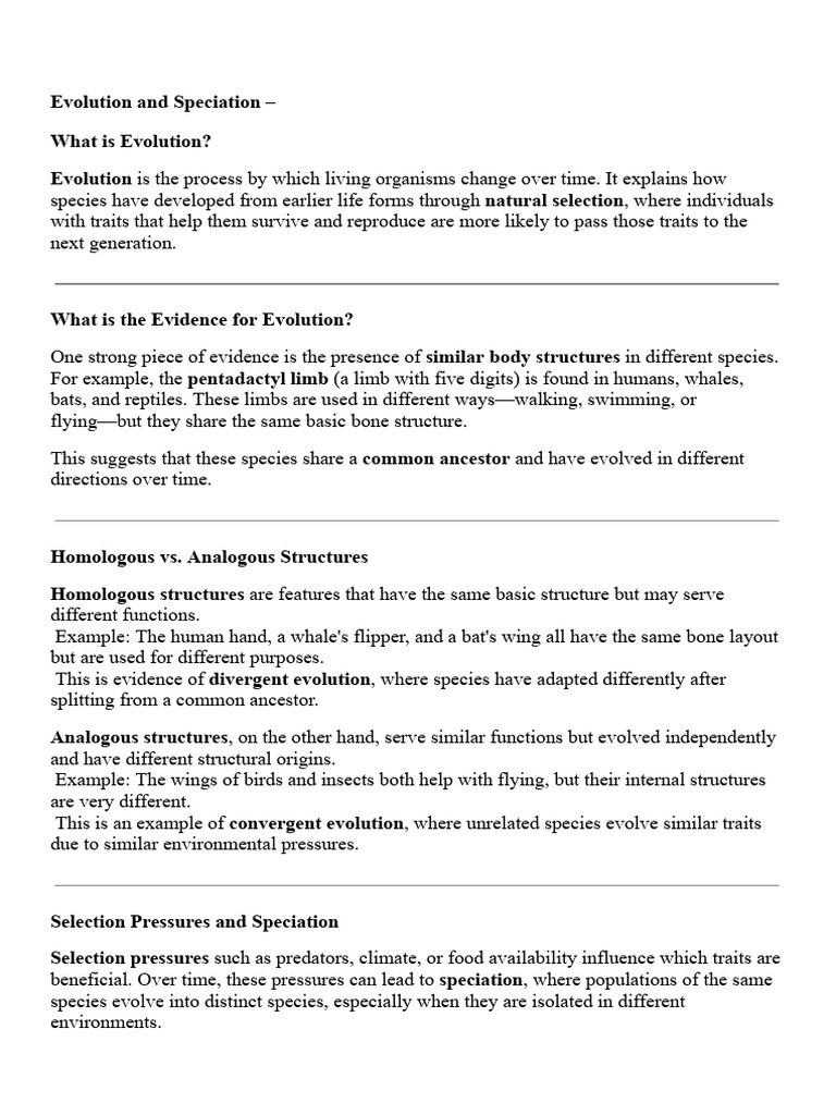 Notes Evolution and Speciation | PDF | Evolution | Heredity