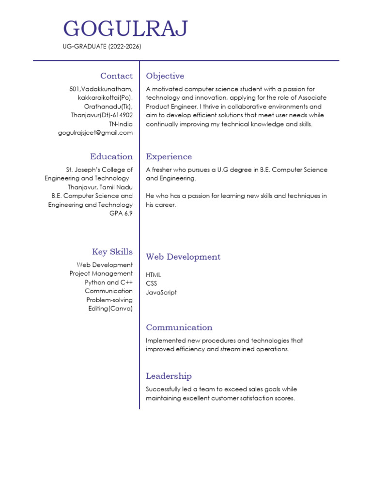 Computer Science Graduate Resume 2026 | PDF