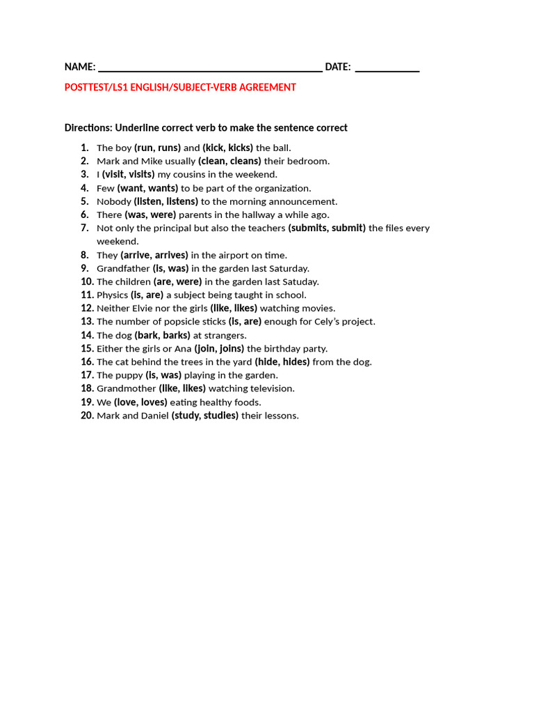 Subject-Verb Agreement Practice Test | PDF
