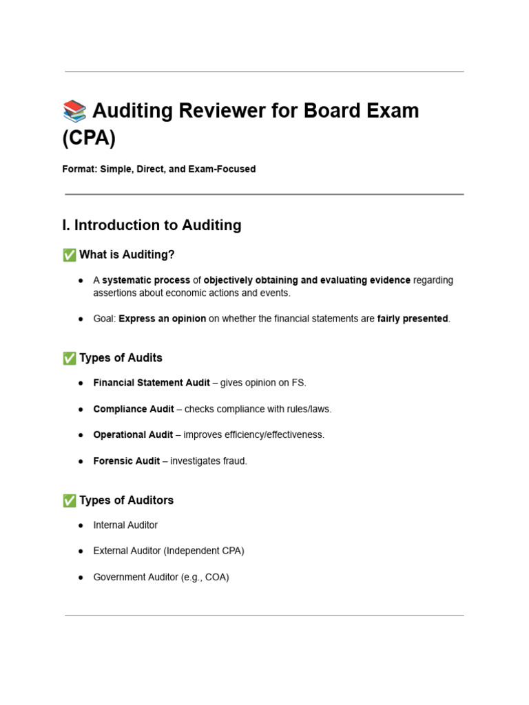 Auditing Reviewer for CPA Exam | PDF | Audit | Financial Audit