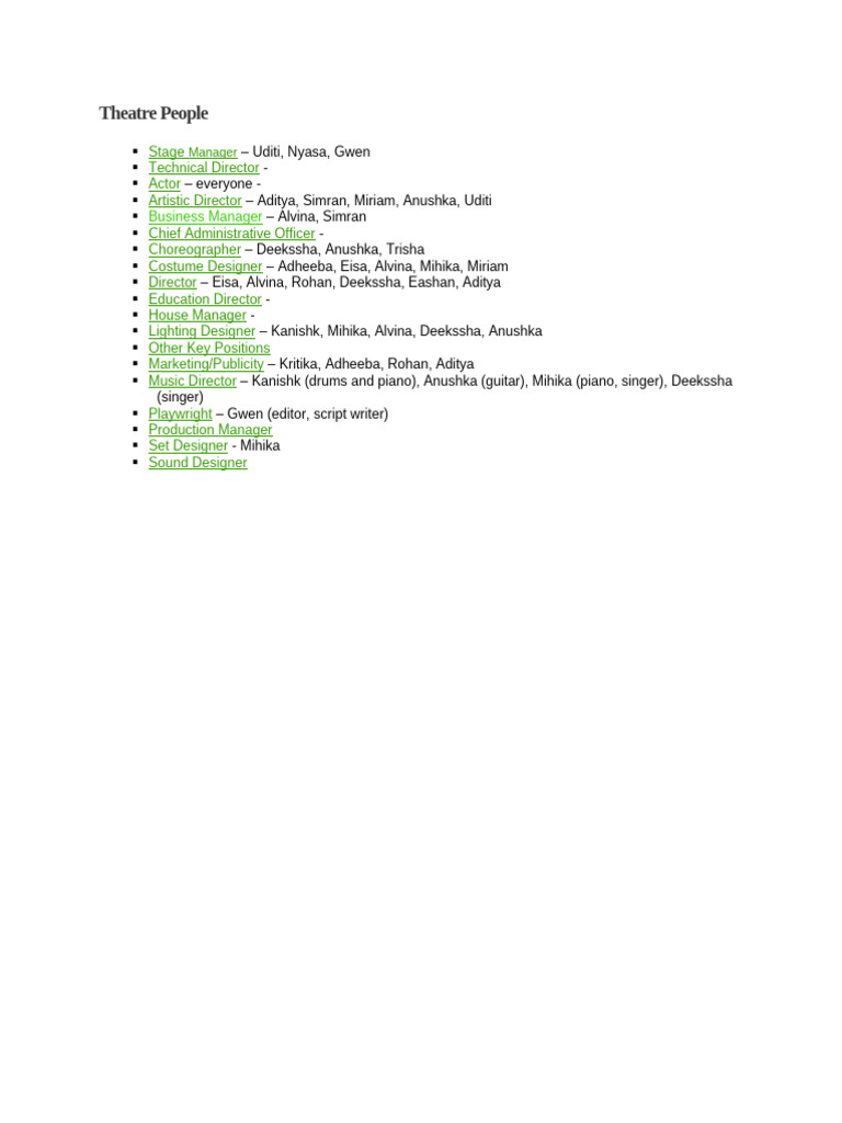 Theatre Personnel and Roles List | PDF