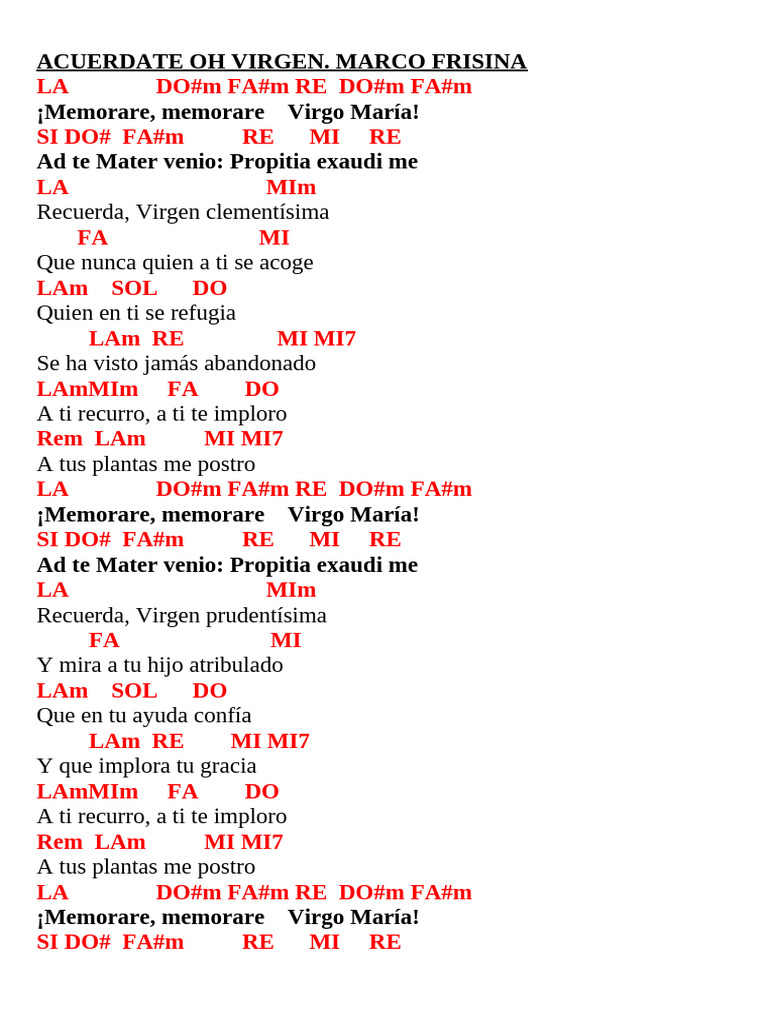 Acordes y letra de "Acuérdate, oh Virgen" | PDF