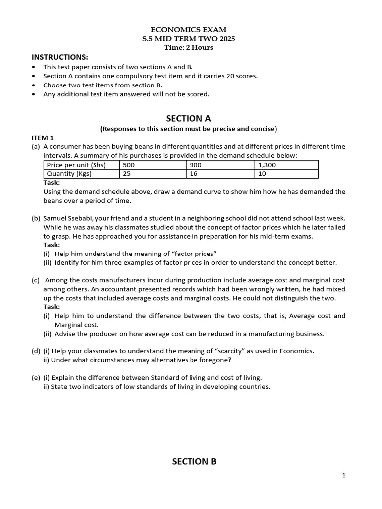 S.5 Economics Mid-Term Exam 2025 | PDF | Cost Of Living | Demand