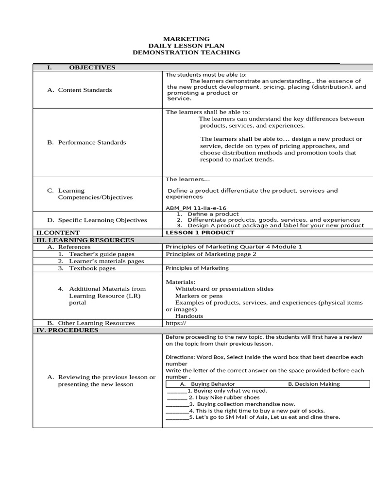 Marketing Lesson Plan: Product Development | PDF | Learning | Lesson Plan